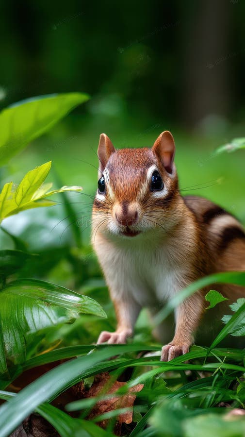 Alert Chipmunk Standing on Forest Floor with Green Foliage Looking ...