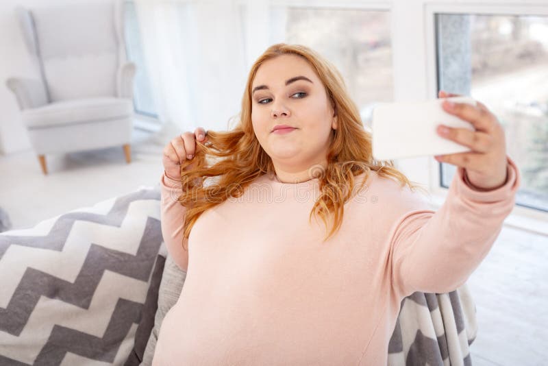 Alert Fat Woman Taking Selfies Stock Image Image Of Obesity Leisure 116607797