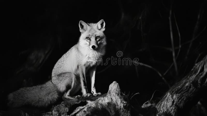 Alert Fox in Dark Forest at Night, Black and White Photography Stock ...