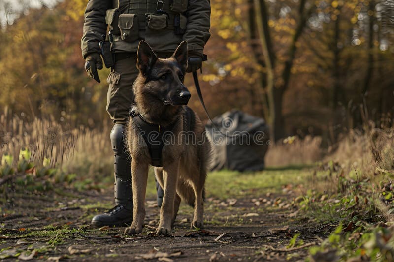 Alert German Shepherd on a Leash with Its Handler in a Forest Path ...