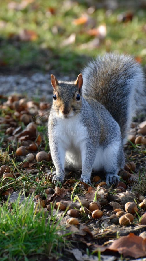 Alert Gray Squirrel Foraging for Nuts on Autumn Ground in Natural Park ...