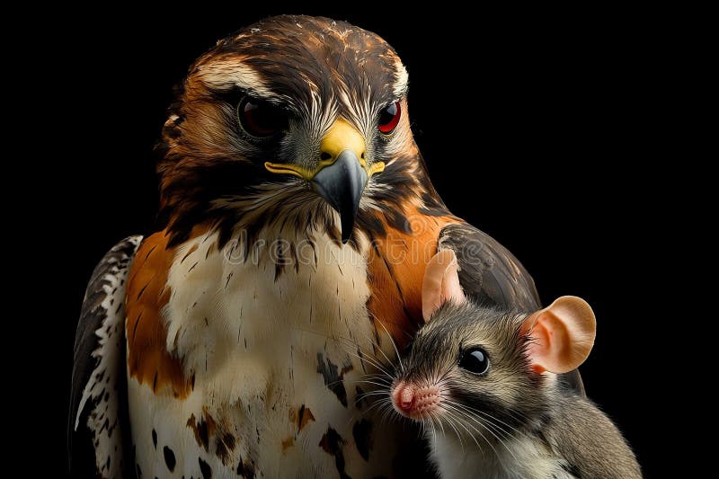 Alert Hawk and Tiny Mouse, Predator and Prey, Tension on Black ...