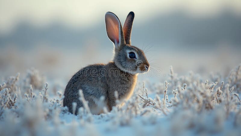 Alert Rabbit in Frozen Field Symbolizing Wildlife Vulnerability Stock ...