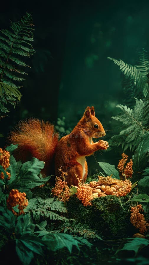 Alert Red Squirrel Sits in a Forest Clearing Holding a Nut among Ferns ...