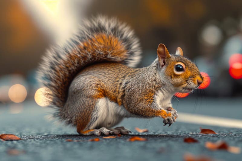 Alert Squirrel on Pavement in Warm Light. Stock Image - Image of ...