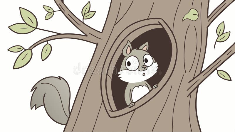 Alert Squirrel Peeking from a Tree Hole, Cautious Forest Animal, Vector ...