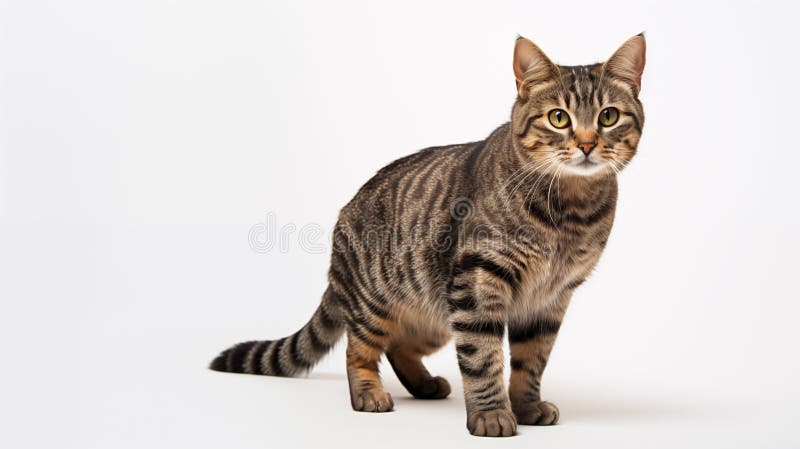 Alert Tabby Cat With Striking Stripes On A White Background Generative