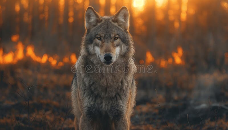 Alert Wolf in a Fiery Forest Setting Stock Photo - Image of canine ...