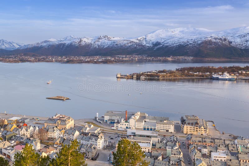 Alesund Town and Snowy Mountains in Norway Stock Photo - Image of ...