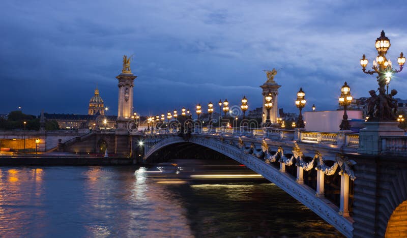 Alexandre III Bridge Against Eiffel Tower at Night in Paris, France ...