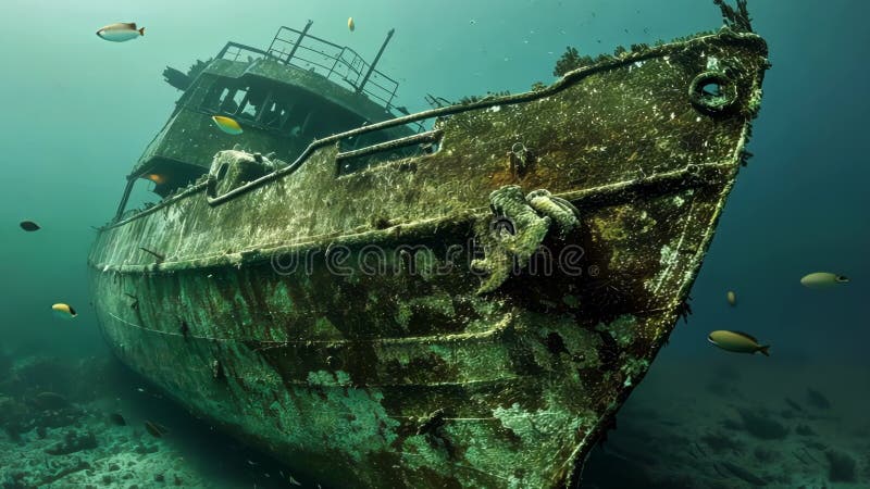 Sunken Ship Covered in Algae on Seabed with Fish Swimming Around Stock ...