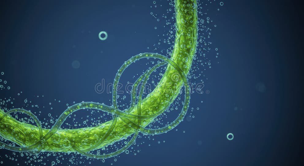 Algae Strand with Bubbles Under Microscope on Blue Background Stock ...