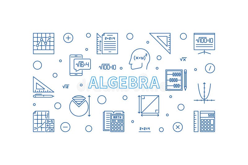 Algebra Concept Outline Horizontal Blue Banner - Vector Illustration ...