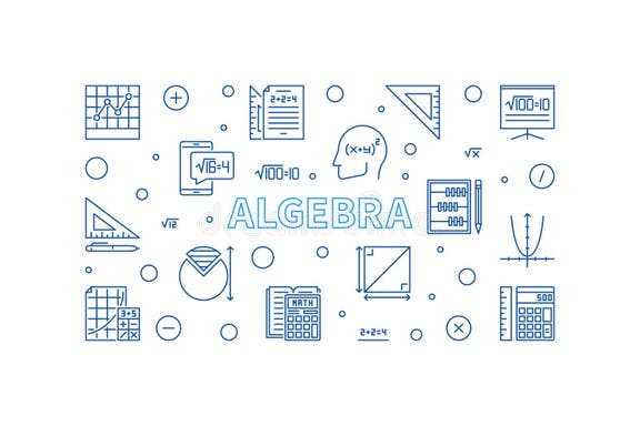 Algebra Concept Outline Horizontal Blue Banner - Vector Illustration ...