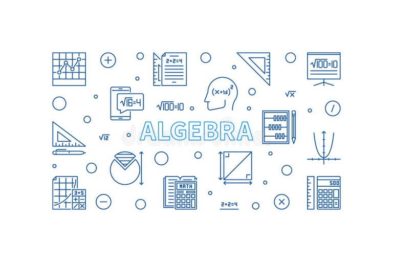 Algebra Concept Outline Horizontal Blue Banner - Vector Illustration ...