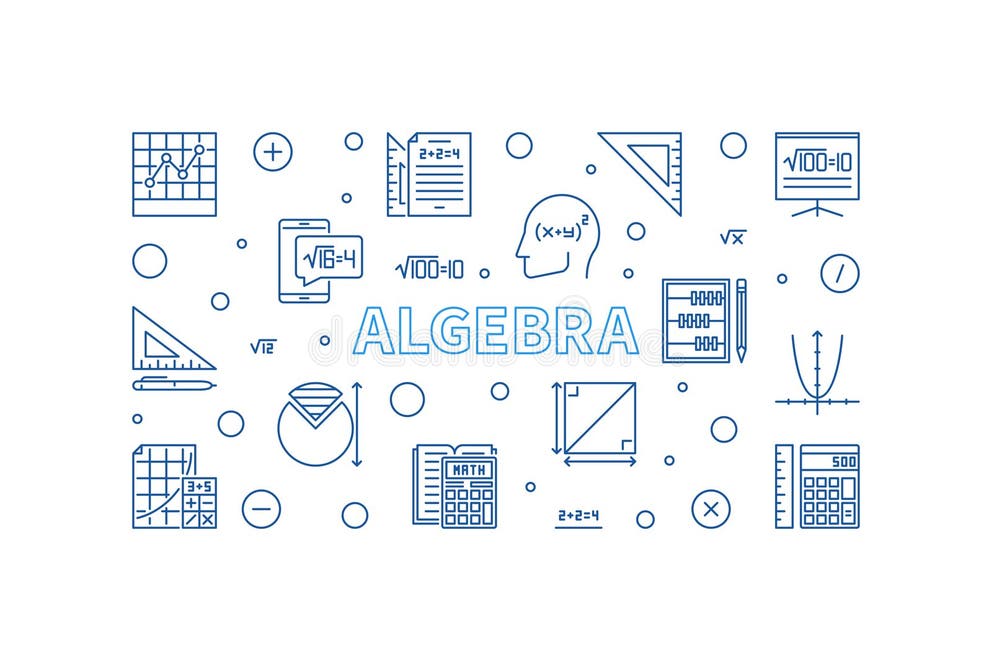 Algebra Concept Outline Horizontal Blue Banner - Vector Illustration ...