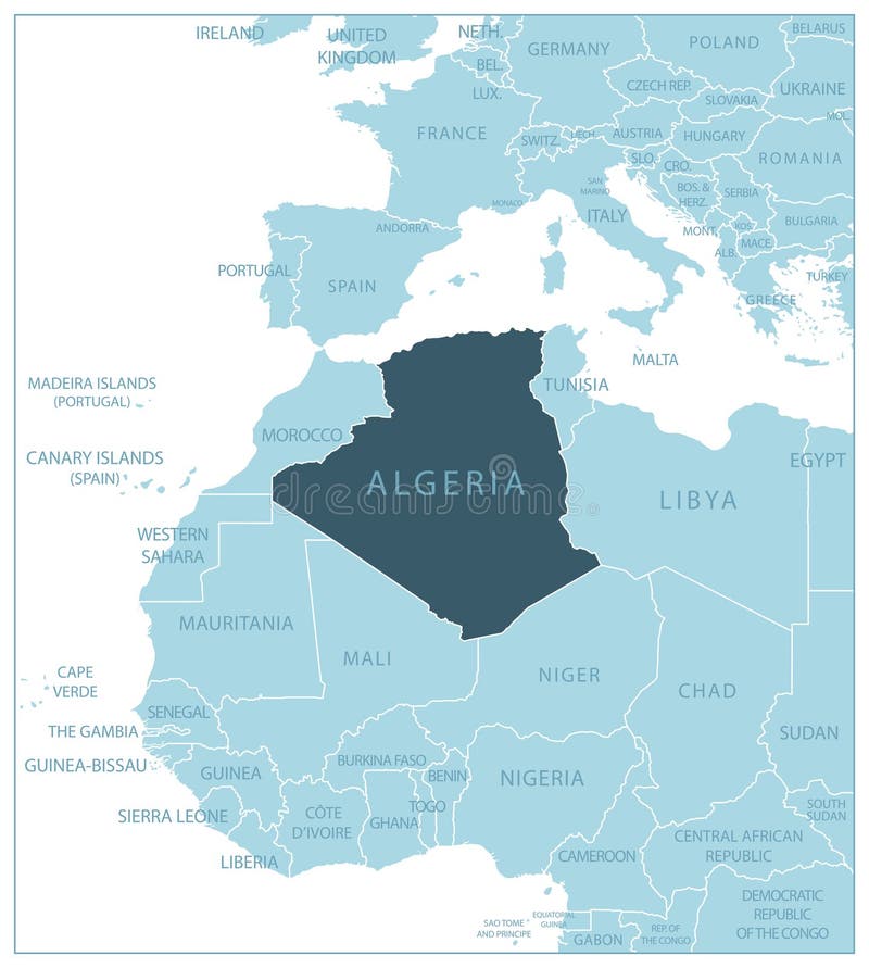 Algeria - Blue Map with Neighboring Countries and Names Stock ...
