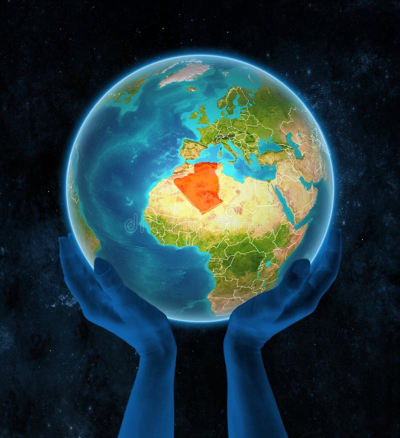 Algeria on Earth in Hands in Space Stock Illustration - Illustration of ...