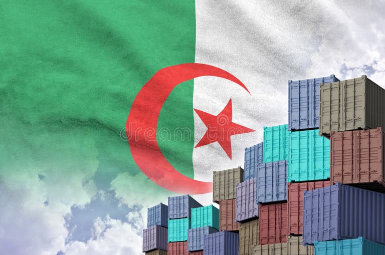 Algeria Flag and Big Stack of Shipping Cargo Containers in Docks with ...