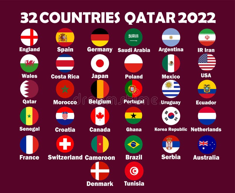 32 Countries Flag Emblem with Names Symbol Design Football Final Vector ...