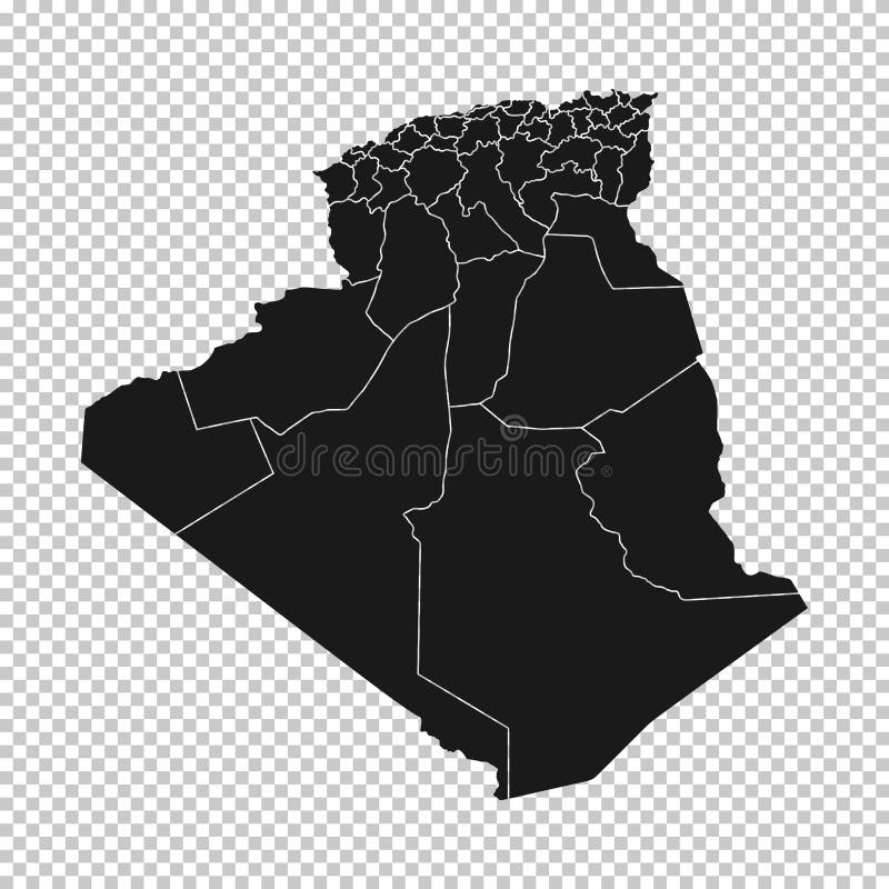 Algeria Map - Vector Solid Contour and State Regions on Transparent ...