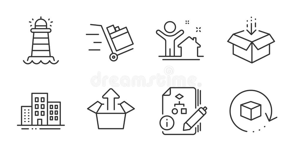 Algorithm, Lighthouse and Return Package Icons Set. Push Cart, Get Box and Send Box Signs ...