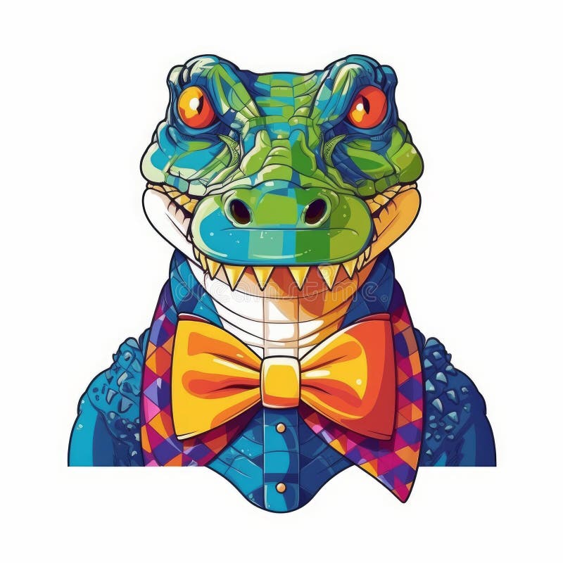 Colorful Crocodile with Bow Tie Sticker on White Background Stock ...