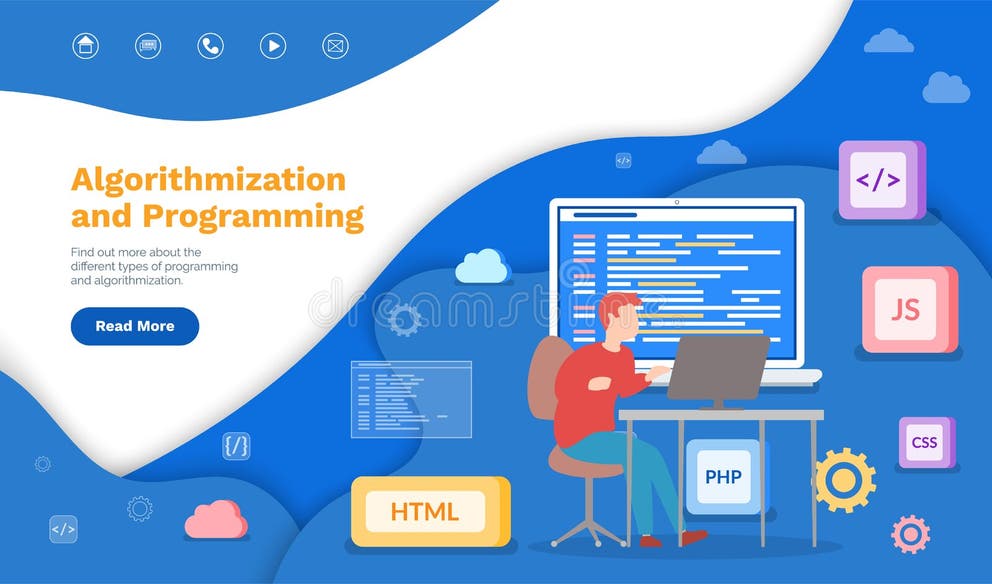 Algorithmization And Programming Landing Page Template Coding Programmer At Work With Computer