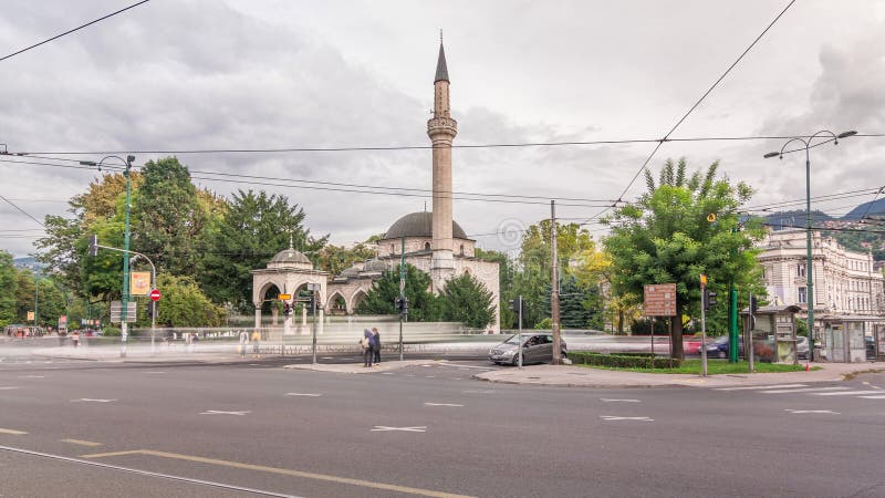 Ali Pasha Mosque Timelapse Hyperlapse with Traffic on Intersection in Sarajevo Editorial Stock ...