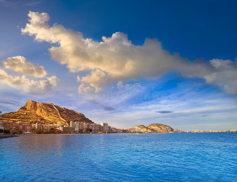 Alicante Skyline at Sunset from Postiguet Stock Image - Image of ocean ...