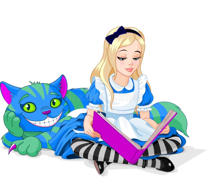 Alice and Cheshire Cat stock vector. Illustration of reading - 42228604