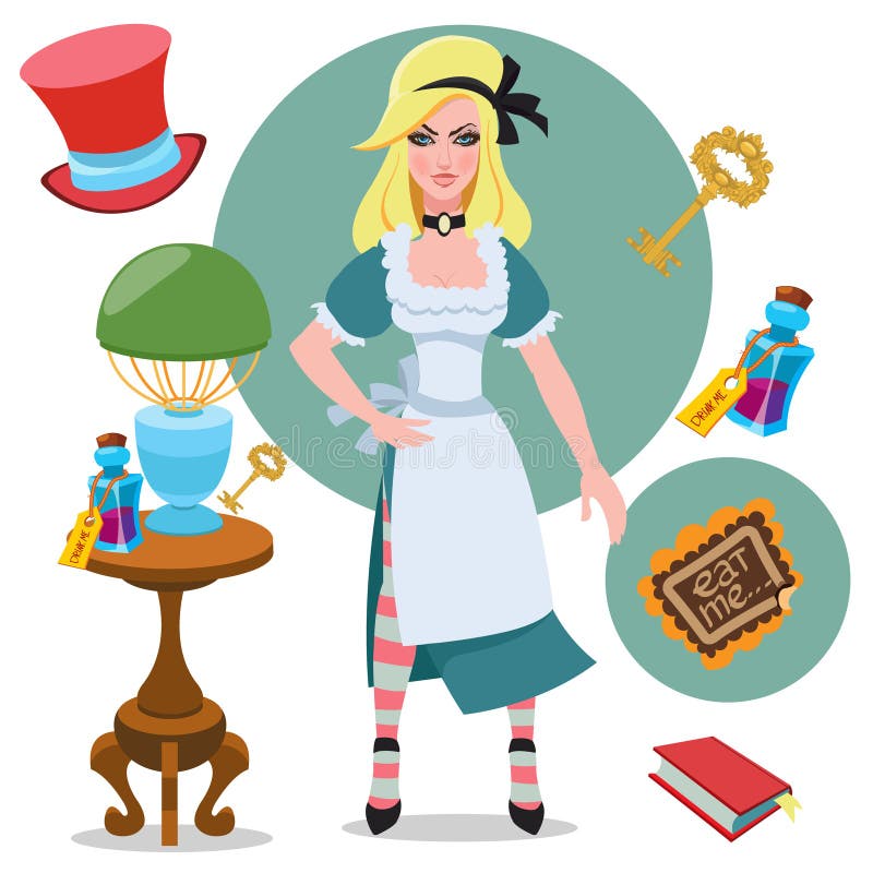 Alice beside the Table with Magical Objects and Elixir. Illustration To ...