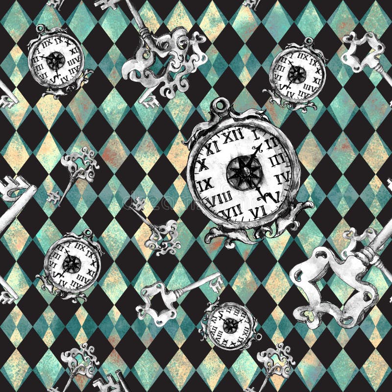 Alice in Wonderland Cute Watercolor Objects Set Seamless Pattern Stock ...