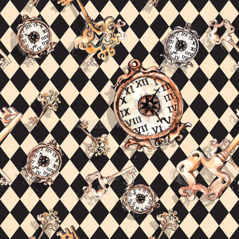 Alice in Wonderland Cute Watercolor Objects Set Seamless Pattern Stock ...