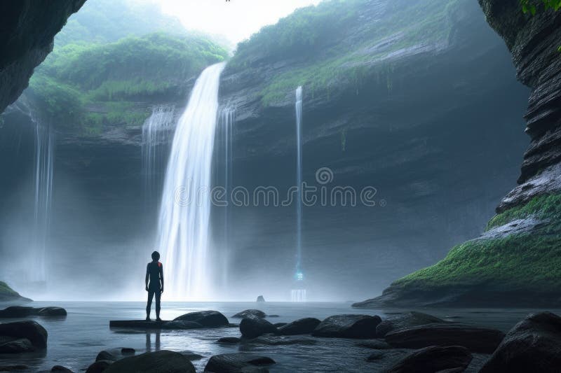 Alien Admiring View of Majestic Waterfall, with Its Futuristic ...