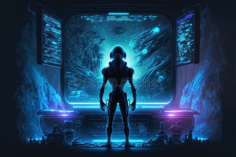 Alien Astronaut Works with Futuristic Control Panel, Magic Virtual ...