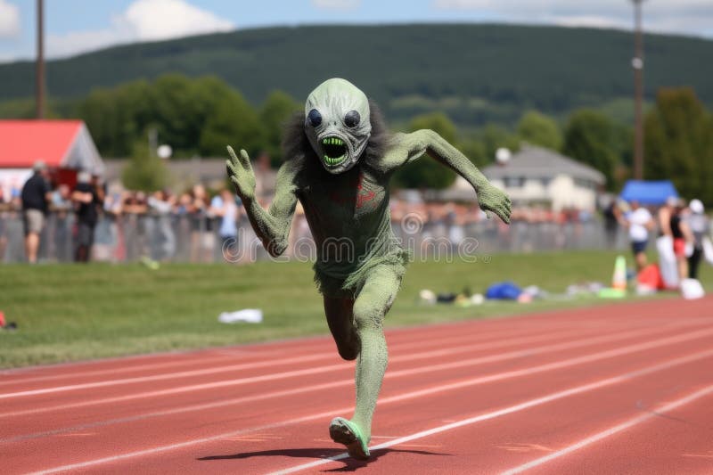 Alien Athlete Running 100-meter Dash, with the Finish Line in Sight ...