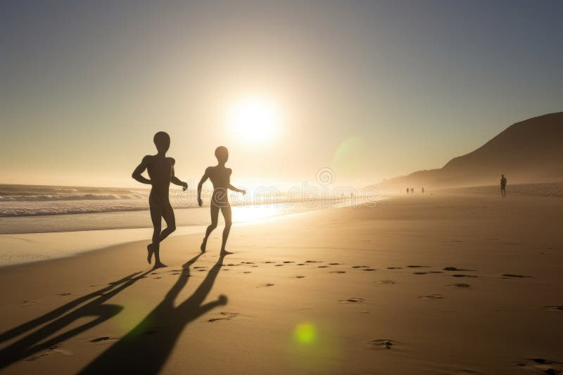 Alien Athletes Jogging on Sun-drenched Beach Stock Illustration ...