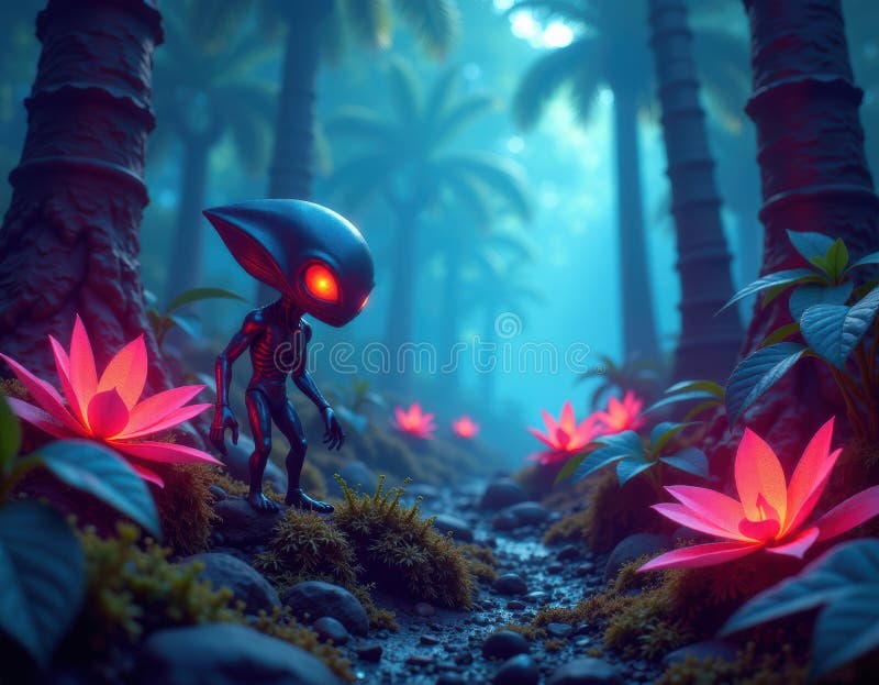 Alien in a Bioluminescent Forest Stock Illustration - Illustration of ...