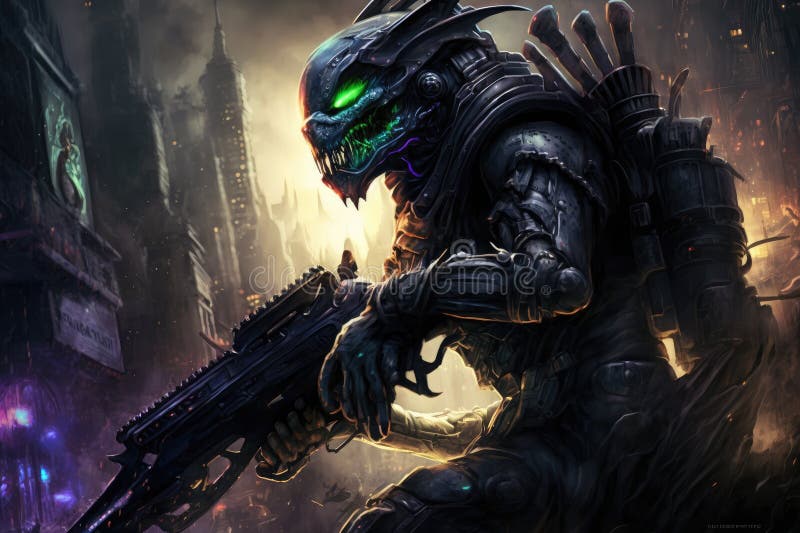 Alien, with Blaster in Hand, Defending a City from Invading Force Stock ...