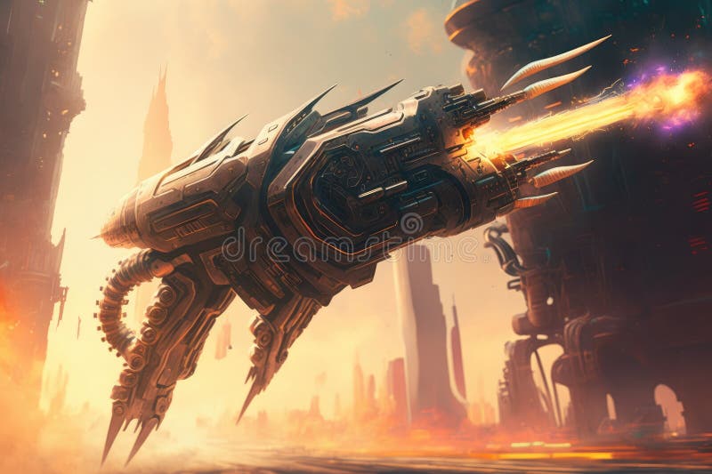 Alien Blaster in Hand, Running through Futuristic Cityscape, Dodging ...