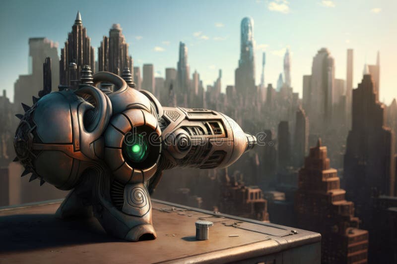 Alien Blaster on Rooftop, with View of Cityscape Below Stock ...