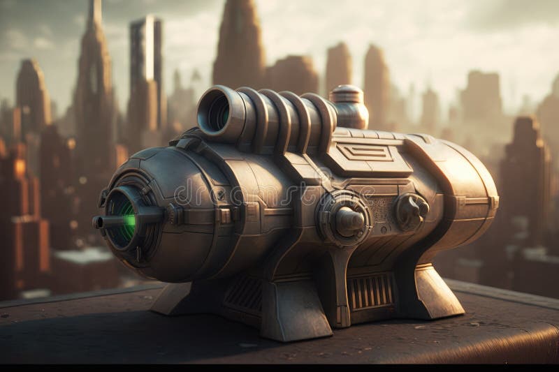 Alien Blaster on Rooftop, with View of Cityscape Below Stock ...