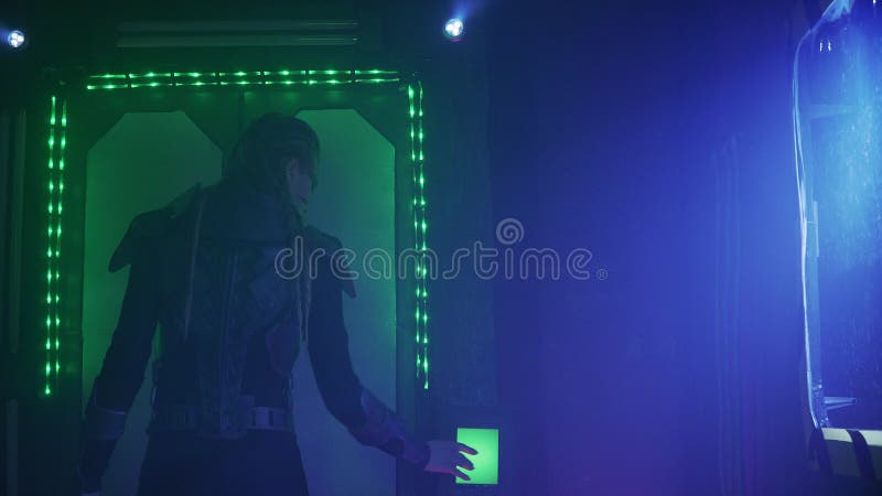 An Alien in Body Armor is Using a Control Panel on the Door in the ...