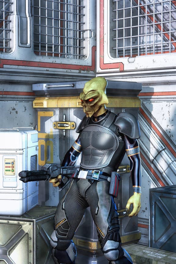 Alien bounty hunter stock illustration. Illustration of building - 65995715