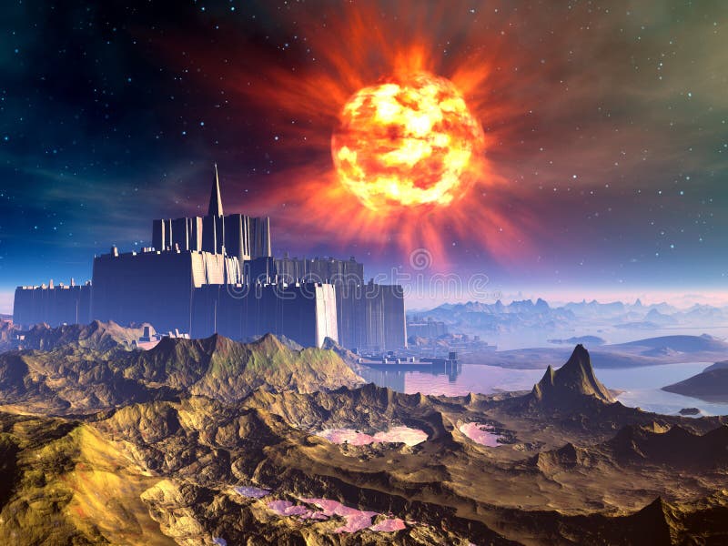 Alien Castle Fortress Under an Exploding Sun Stock Illustration ...