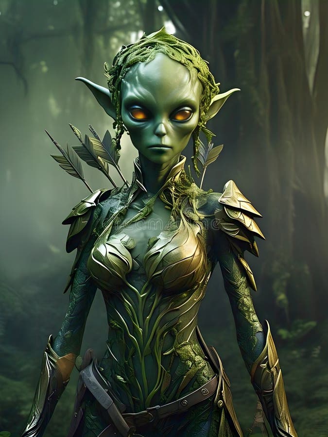A Female Alien in a Full-body View with Slimy, Moss-green Skin Stock ...