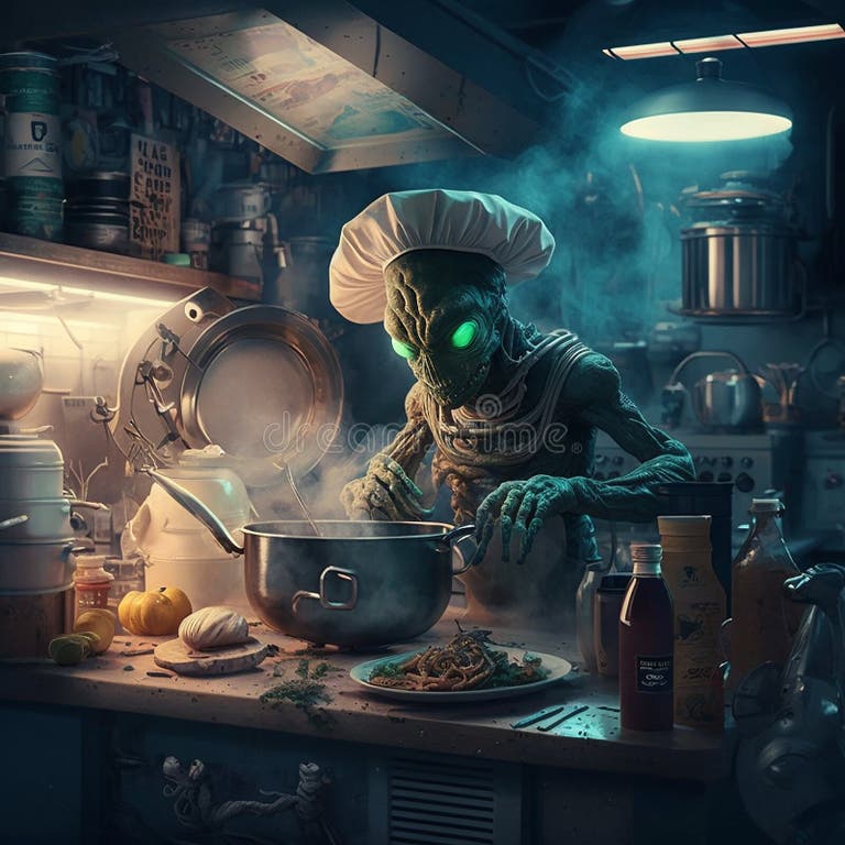 Alien Chef Cooking in Kitchen. Ai Generated. Stock Illustration ...