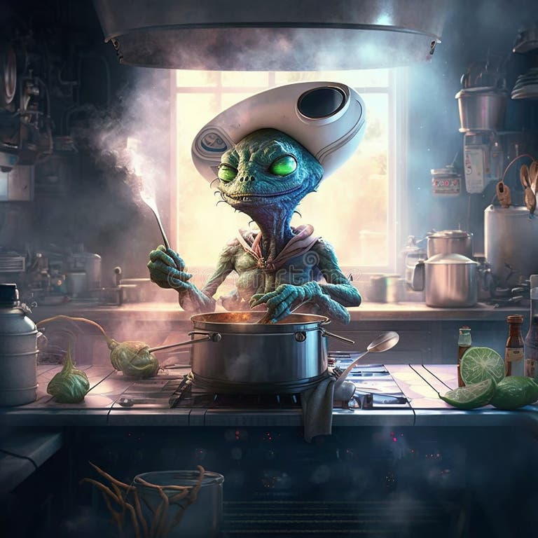 Alien Chef Cooking in Kitchen. Ai Generated. Stock Illustration ...
