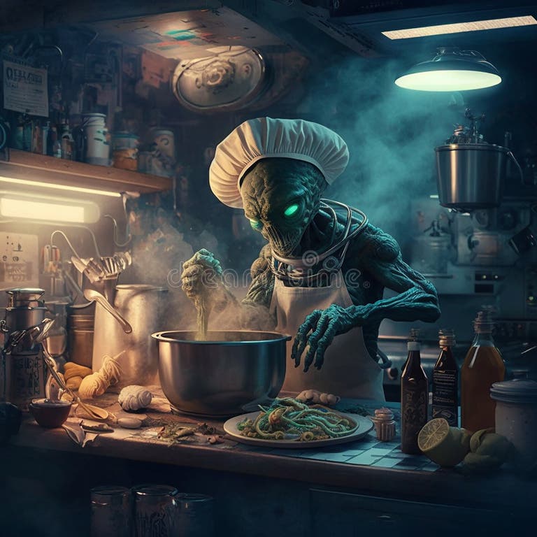 Alien Chef Cooking in Kitchen. Ai Generated. Stock Illustration ...